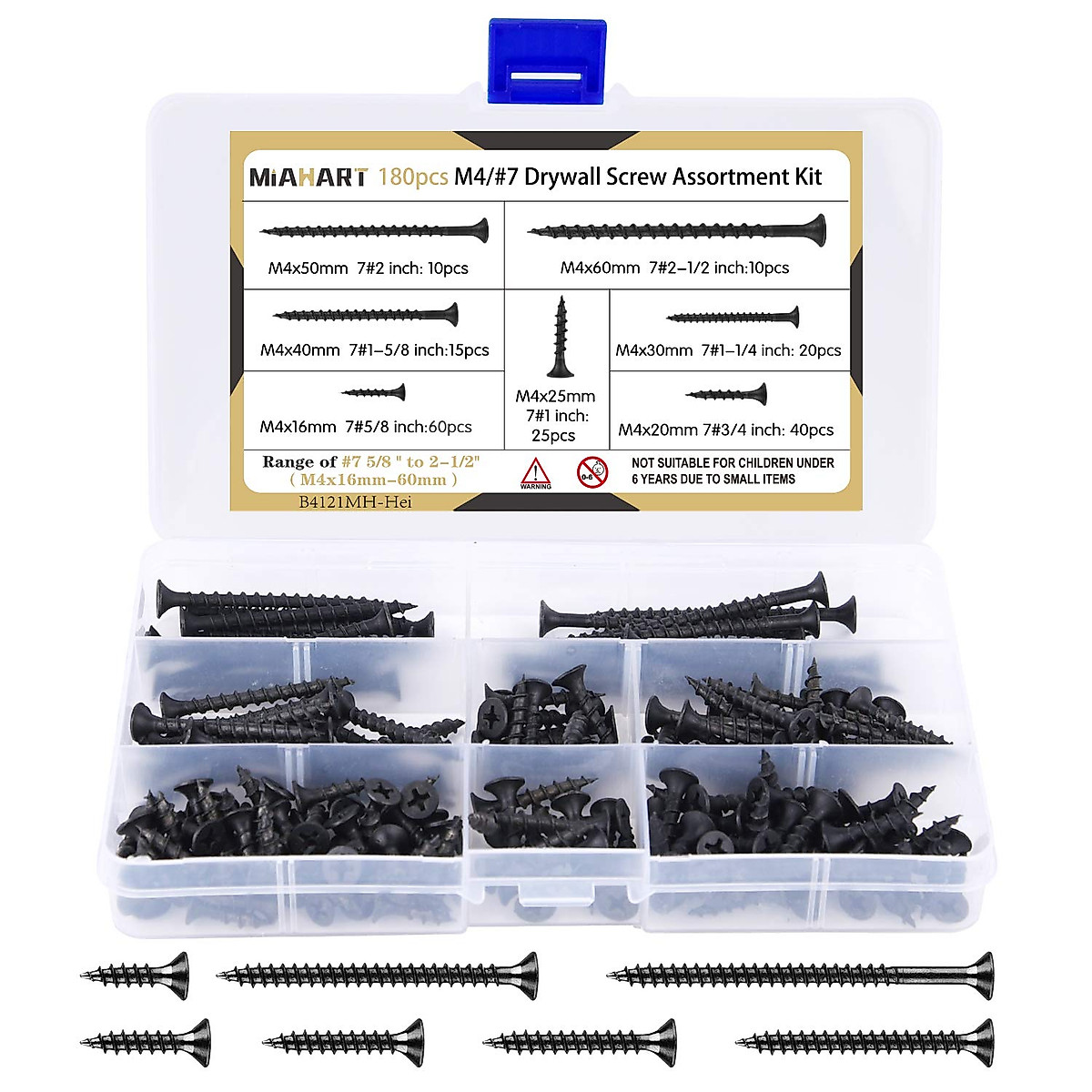 MIAHART 180 Pcs #7 Drywall Screw Assortment Coarse Thread harp Point Self Tapping Screws 7 Sizes Wood Screws for Drywall Sheetrock Wood Furniture and Cabinet (Black)