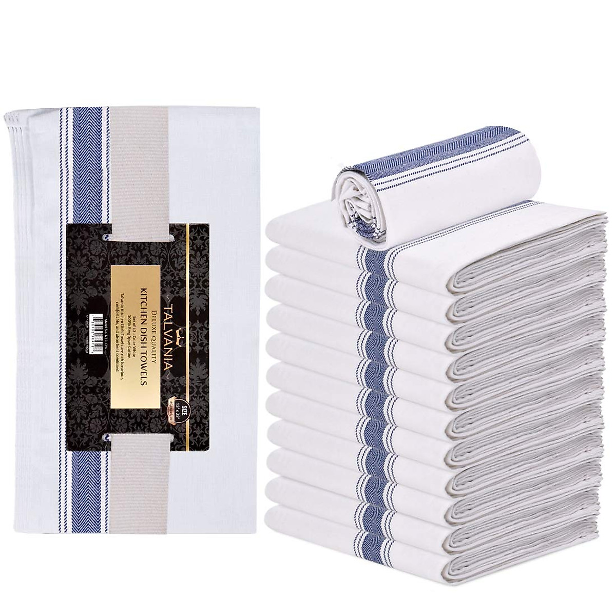 TALVANIA Kitchen Dish Towels 100% Cotton White Flour Sack Tea Cloth with Blue Herringbone Stripe, Pack of 12 Perfect Classic Dish Towel 15” x 25” Dishcloths for Bars Kitchens Counters etc.