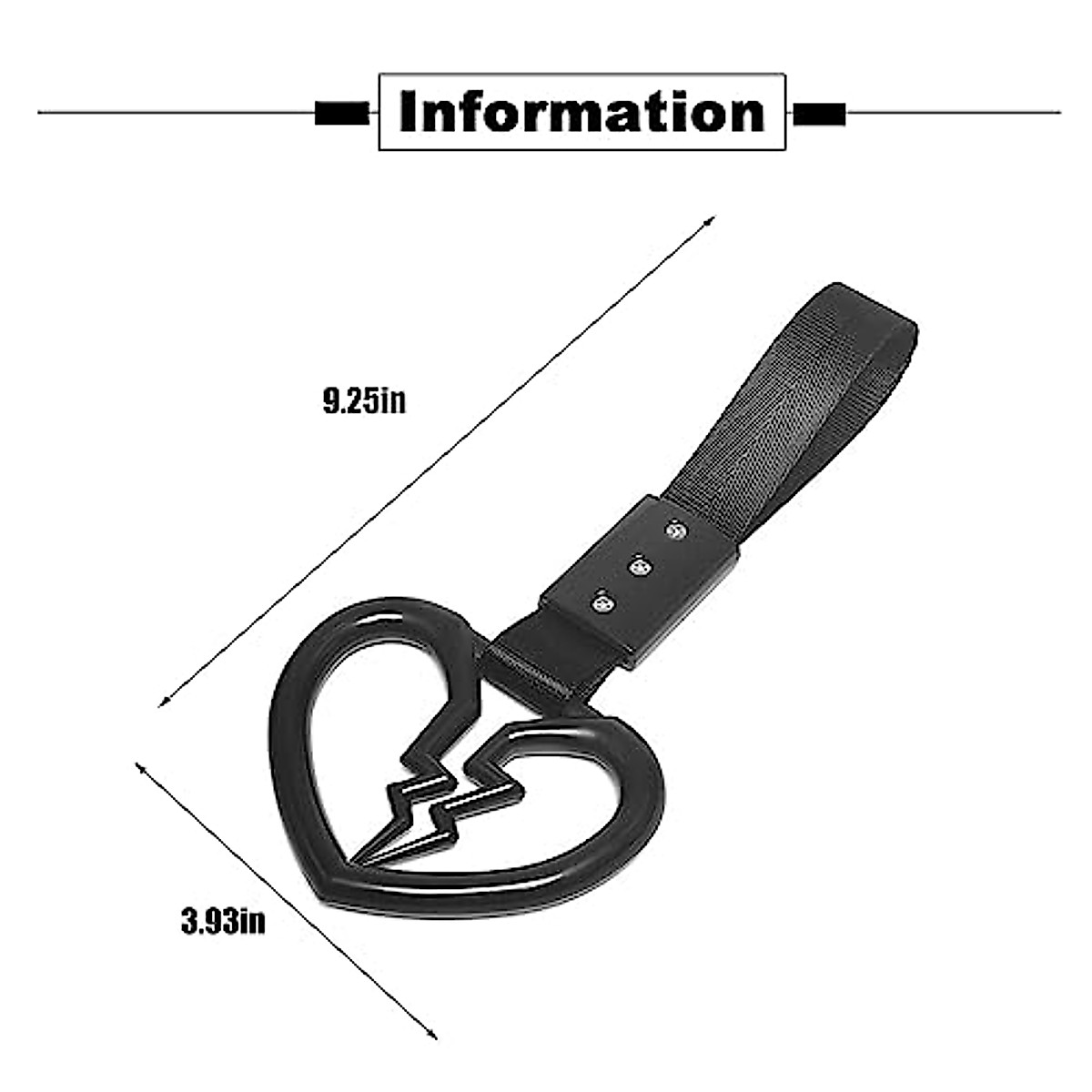 2 PCS Broken Heart Shaped Car Handle Straps Hang Ring Rear Bumper Warning Ring Decorative Subway Train Bus Handle Hand Strap Drift for Car Interior (Black)