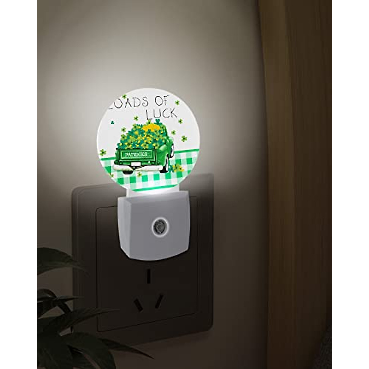 Lucky Truck St. Patrick's Day Night Lights Plug into Wall, Green Plaid Check Shamrock Auto Round LED Lights with Dusk to Dawn Sensor for Bedroom, Bathroom, Hallway, Kitchen, Kids, Home Decor