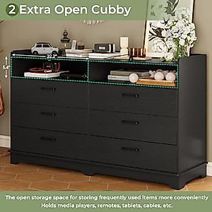 Hasuit 6 Drawers Dresser for Bedroom, Double Long Dressers Chests of Drawers with Open Cubby, Large Clothes Storage Organizer, Dimensions 14.6" D x 46.1" W x 33.6" H