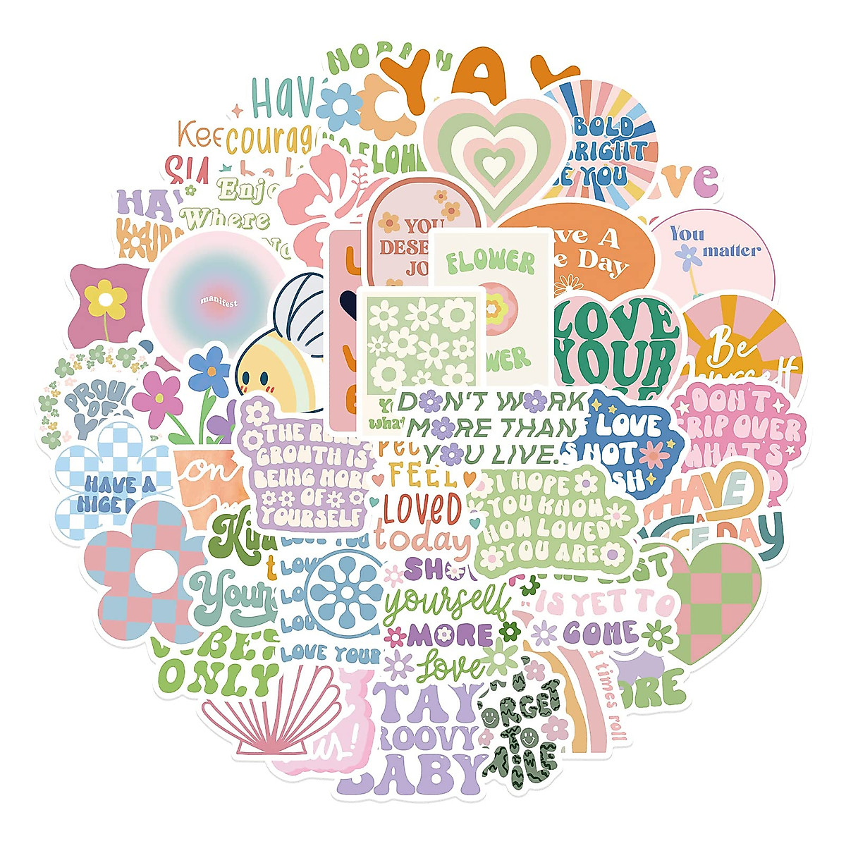 Cute Preppy Stickers 50 Pcs, Pastel Inspirational Stickers, Vinyl Waterproof Aesthetic Motivational Stickers for Water Bottles Laptop Phone Computer Guitar