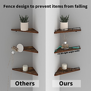 Trwcrt Floating Corner Shelf Wall Mounted Set of 3, Rustic Wood Wall Storage Shelves for Bedroom, Living Room, Bathroom, Kitchen, Brown