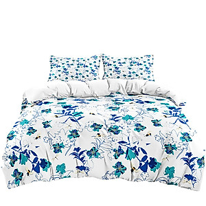 Abosbeet Blue Plant Flower King Duvet Cover Sets Farmhouse Botanical Floral Comforter Cover Sets 2 Pillowshames Bee Print Bedding Sets Soft Polyester Bedroom Decor