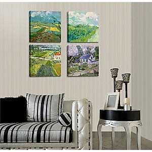 Landscape with a Carriage by Vincent Van Gogh Classic Oil Paintings Artwork, Green Wheat Fields, Houses at Auvers Canvas Wall Art Print for Living Room, Bedroom Office Bathroom Decor - 12"x12"