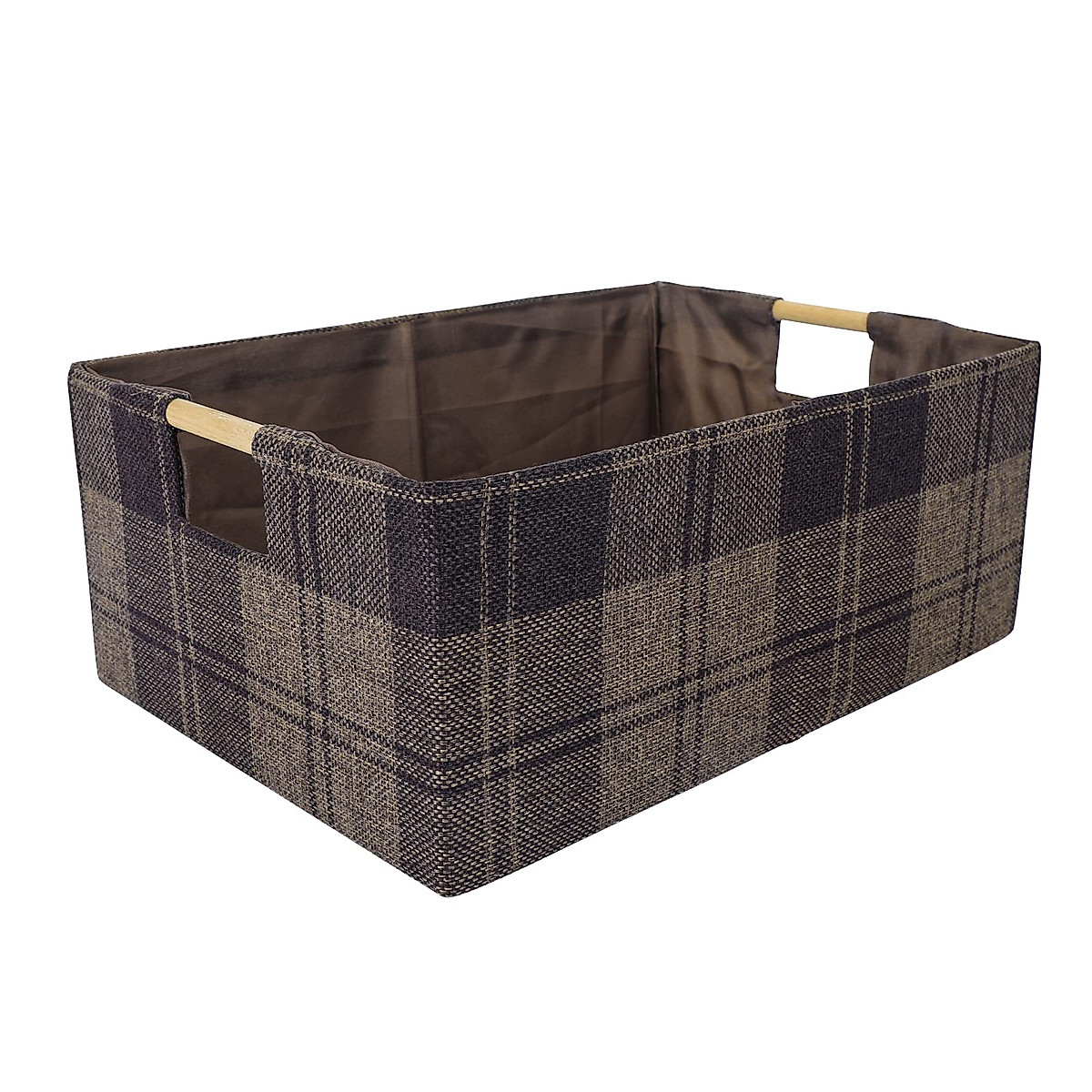 ANMINY 2PCS Storage Bins Set Foldable Cotton Linen Open Storage Baskets Box with Wood Handles Decorative Shelf Closet Clothes Towel Laundry Organizer Container - Medium, Coffee Plaid