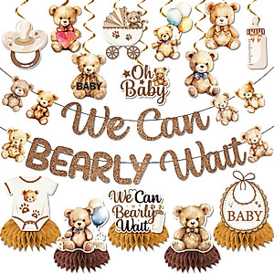LARRAZABAL We Can Bearly Wait Baby Shower Decorations, NO-DIY Bear Banner Hanging Swirls and Honeycomb Centerpiece, Baby shower Decorations for Boy Bear Birthday Party Supplies