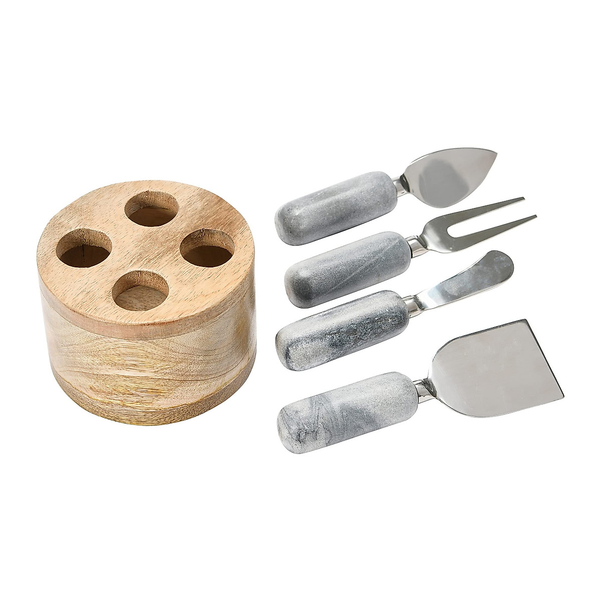 Creative Co-Op Stainless Steel Cheese Servers with Mango Wood Stand Cutlery, Set of 4, Grey & Natural