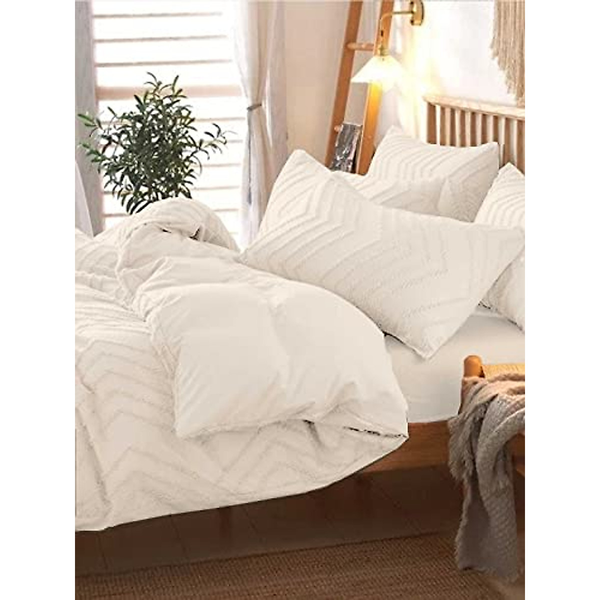 Nanko Beige Duvet Cover Full Size, 3pc Boho Tufted Microfiber Bedding Comforter Cover Set, All Season Aesthetic Shabby Chic Soft Embroidery Textured Geometric Quilt Cover (80x90)