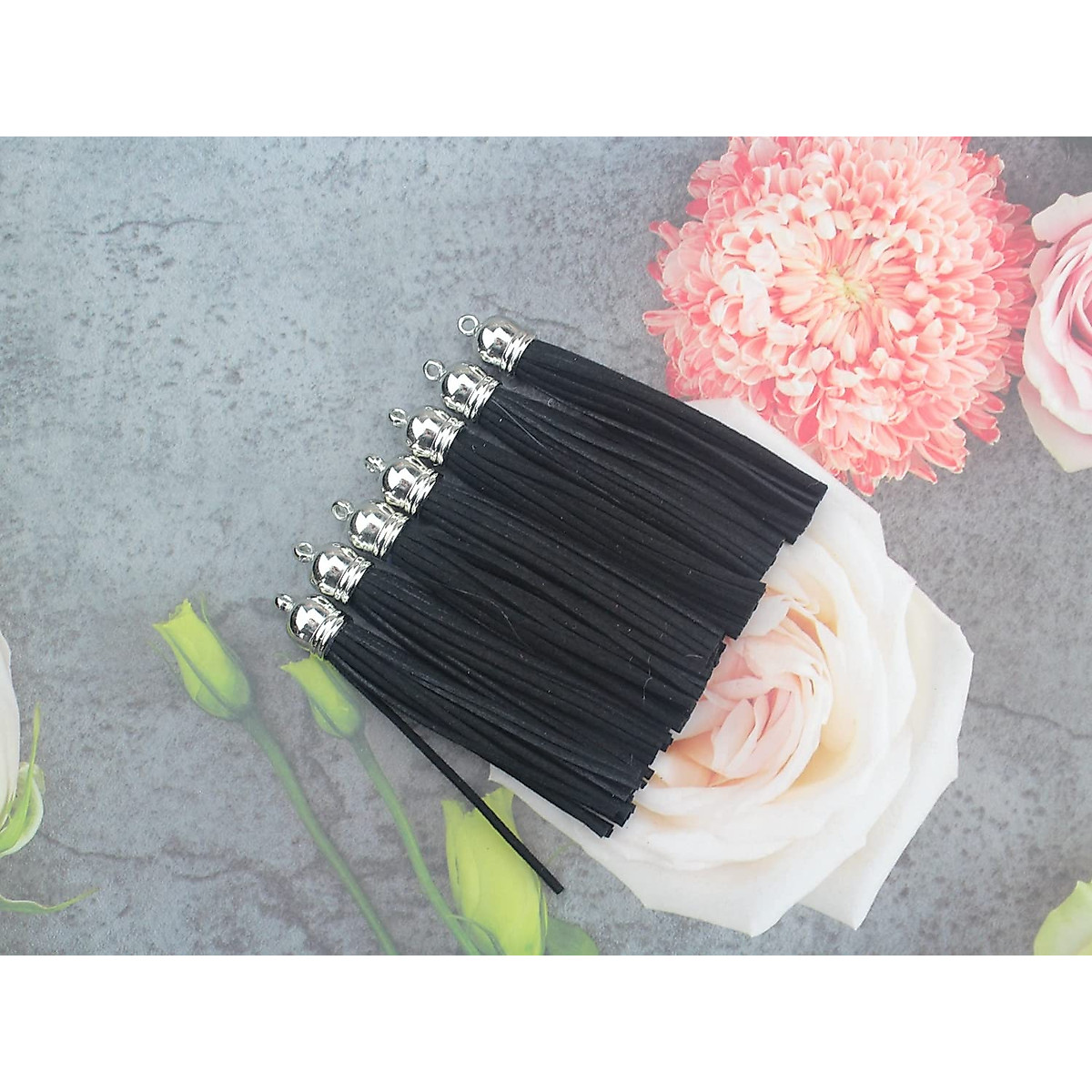 20 Silver 3-1/2 Inch Faux Suede Tassel Charm Keychain Cellphone Straps D451 (Black)