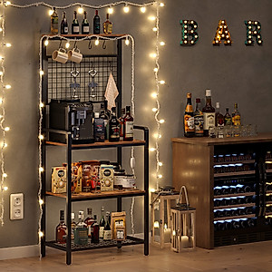 BEEWOOT Bakers Rack, Coffee Bar, Microwave Oven Stand with Shelf, Utility Storage Shelf for Spices, Pots, and Pans, Workstation with 11 Hooks, Stable Metal Frame, Rustic Brown BR01BB007