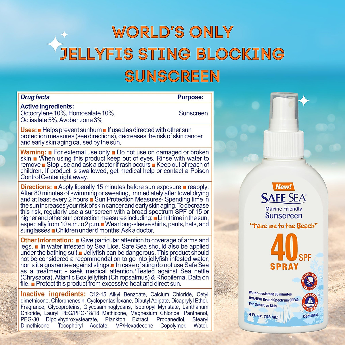 Safe Sea Jellyfish Sting-Blocking Sunscreen, SPF 40+ Spray 4 Fl oz, Waterproof, Biodegradable, Coral Reef-Safe – Body and Face Sunscreen, Anti-Jellyfish and Sea-Lice sting protection.