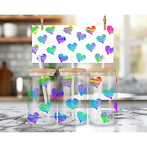 Rainbow Hearts Glass Cup 16 oz Glass Cup with Bamboo Lid and Reusable Straw