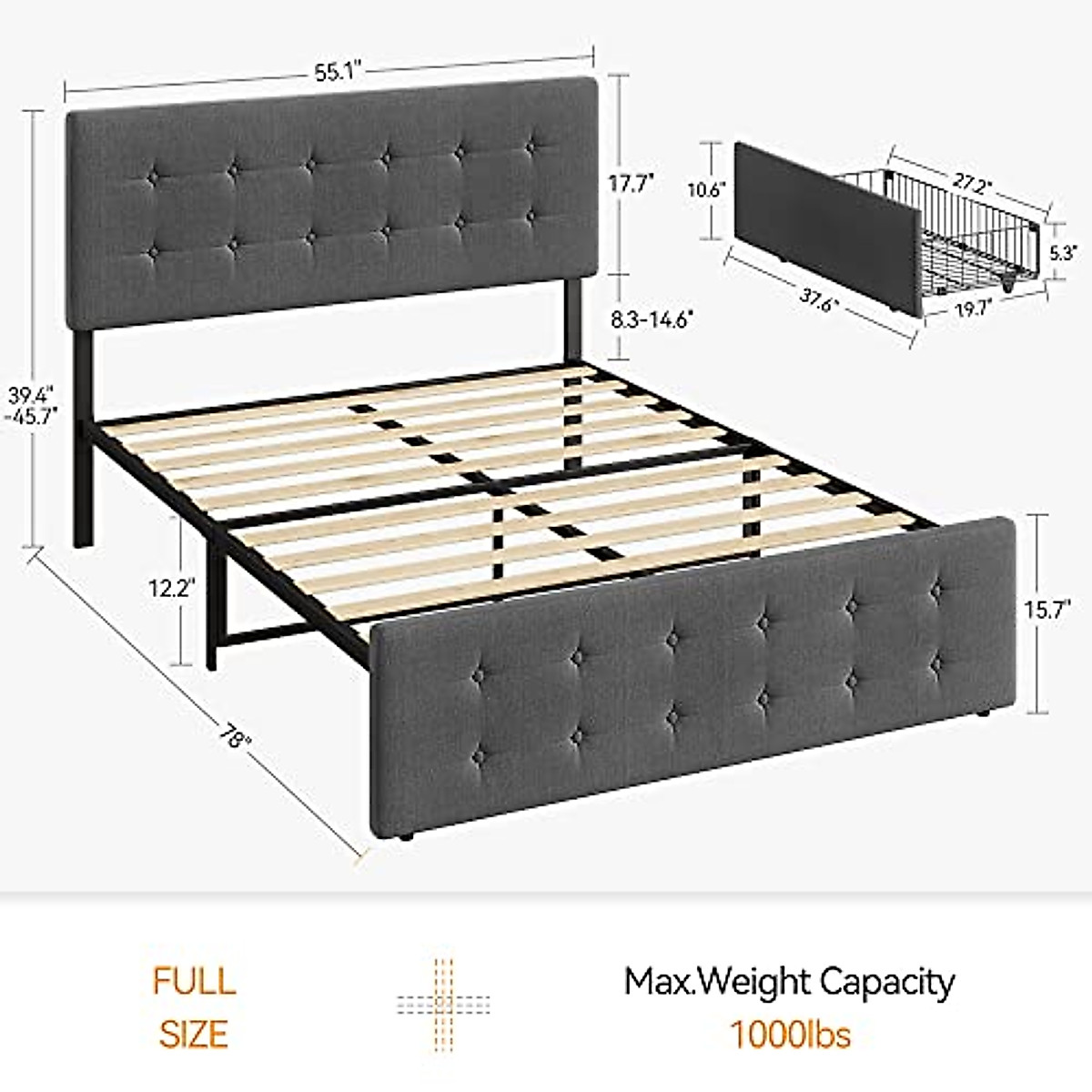 IDEALHOUSE Full Bed Frame with 4 Storage Drawers,Grey Full Size Platform Upholstered Bed Frame with Headboard and Wooden Slats Support,No Box Spring Needed (Full)