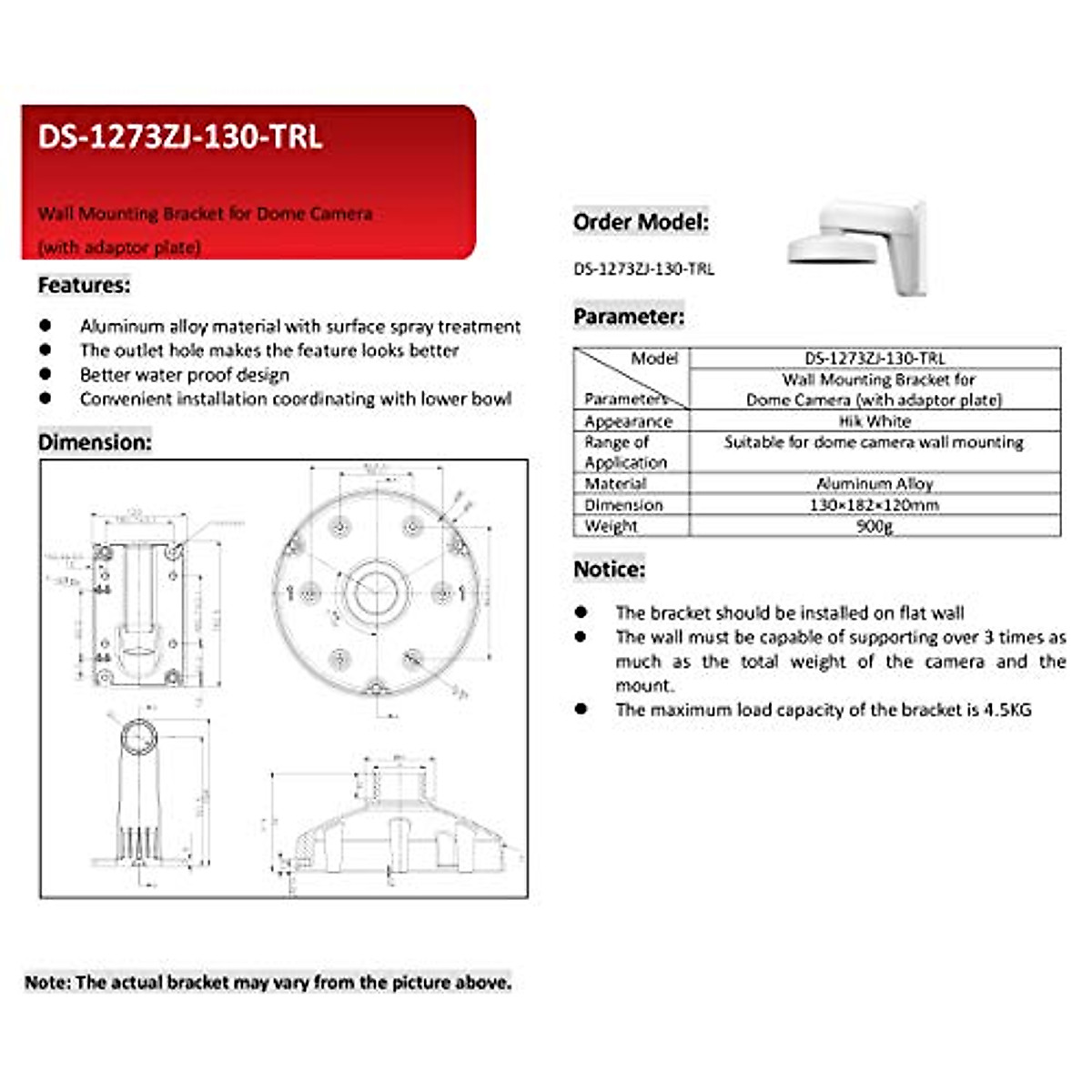 WMS WML PC130T DS-1273ZJ-130-TRL Wall Mount Bracket for Hikvision Turret Camera DS-2CD2342WD-I