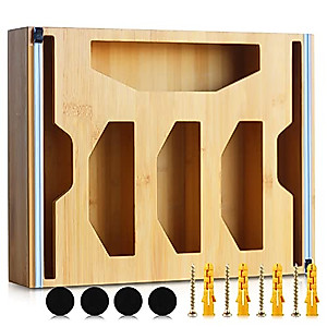 ONUEMP Ziplock Bag Storage Organizer for Kitchen Drawer, Aluminum Foil and Plastic Wrap Dispenser with Slide Cutter Fits 12" Roll, Bamboo Baggie Organizer Holder for Gallon, Quart, Sandwich and Snack