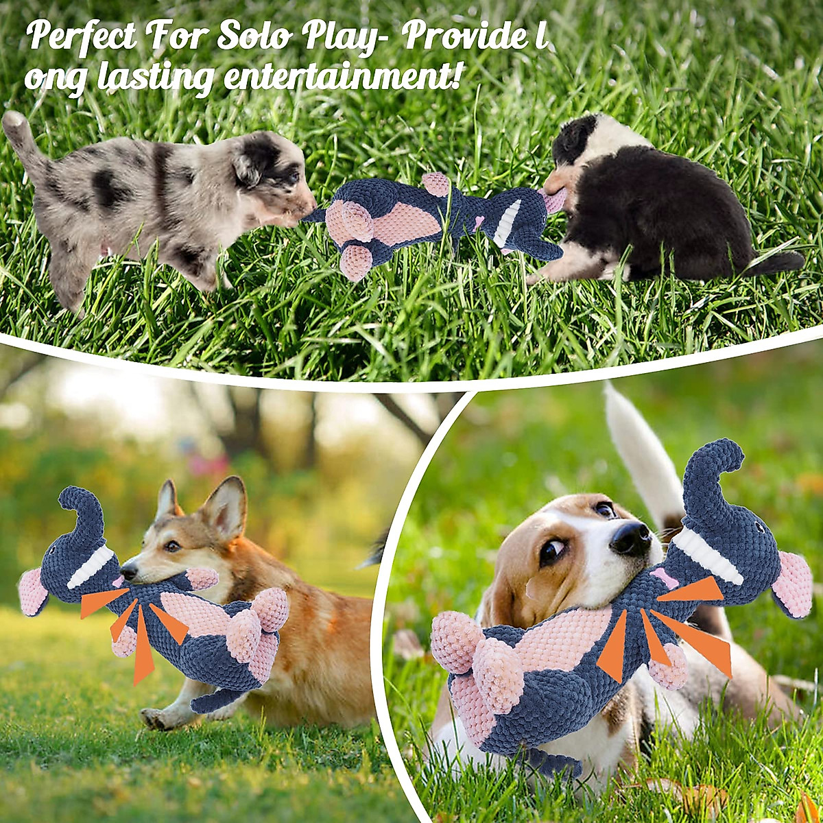 T'CHAQUE Funny Stuffed Dog Squeaky Toy, Soft Puppy Teething Chew Toy Reduce Boredom and Anxiety, Pet Plush Toys with Inner Squeaker, Tug of War Interactive Gift for Small to Large Dog Breed, Elephant