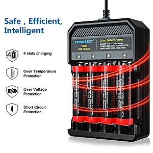 POWOBEST 18650 Battery Charger, 4 Bay USB Smart Universal Battery Charger Compatible with 3.7V Li-ion IMR INR 14500 14650 18350 18500 18650 RCR123A 18490 16340 17670 POWO18B Batteries Charger