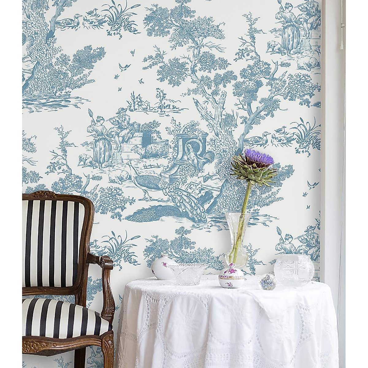 Peel and Stick Wallpaper Blue and White Wallpaper Toile Removable Self-Adhesive Wallpaper for Bedroom Bathroom Vintage Contact Paper for Walls Covering 16In×78.7In