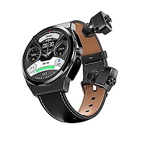 Tuanzi JM08 2 in 1 Smart Watch with Earbuds 1.28" Smartwatch TWS HiFi Stereo Wireless Headset Combo Bluetooth Phone Call for Android iOS (Black Leather)