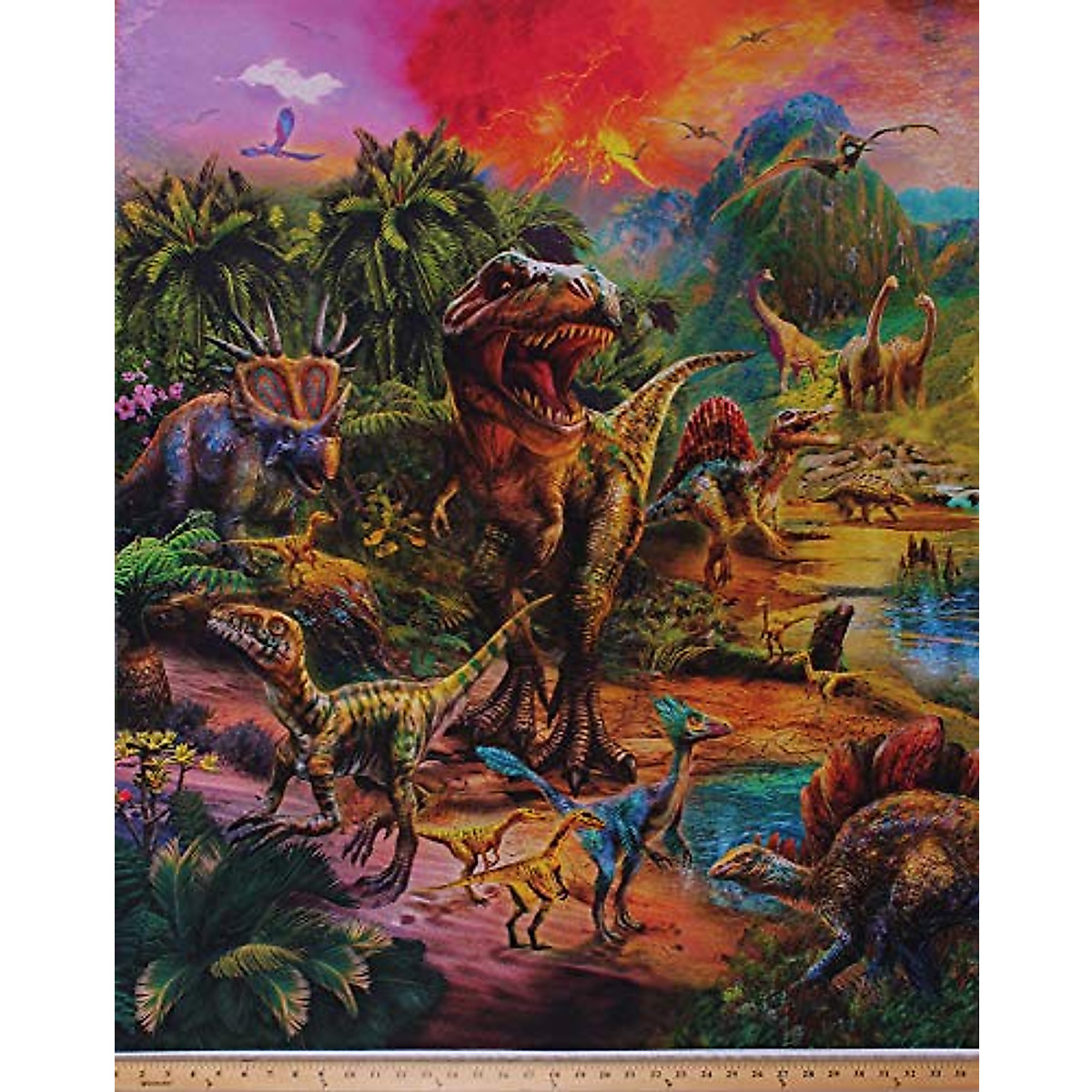 34.5" X 44" Panel Dinosaurs T-Rex Pterodactyls Jurassic Prehistoric Animals Reptiles Volcanoes Kids Picture This Digital Print Cotton Fabric Panel (AYKD-18263-286-WILD)