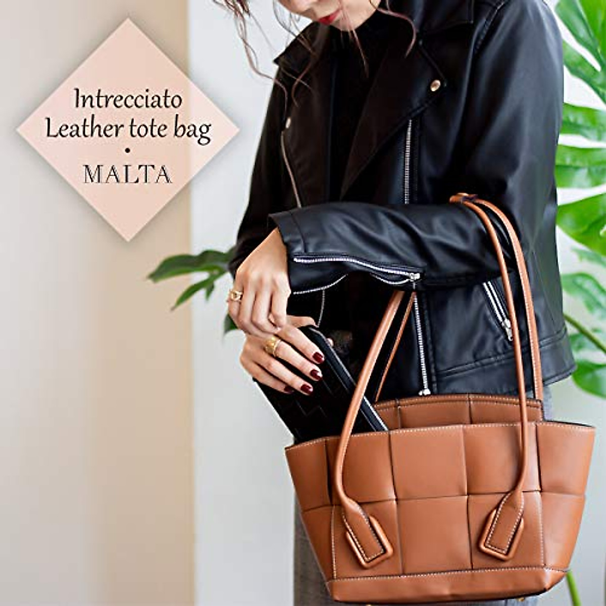 MALTA Vegan Leather Intrecciato Tote Bag for Women High Capacity Genuine Leather Handle - Black