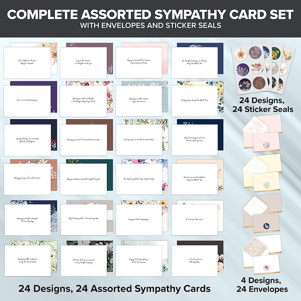 Decorably Assorted Cards with Envelopes & Stickers - 24 Pack Assorted Sympathy Cards with Envelopes, Printed Message Inside Sympathy Cards Assortment Box with Envelopes, 6x4in Pack of Sympathy Cards