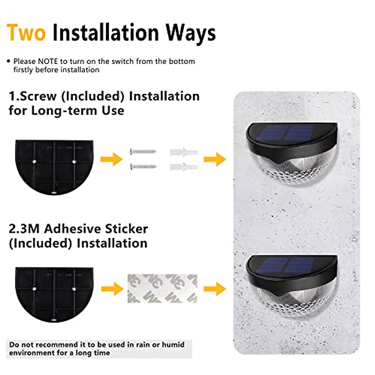 Howeifull Solar Outdoor Fence Lights, Waterproof Solar Powered Deck Lights, 4 Pack Solar Garden Lights for Steps Pathway Patio Backyard, Warm White/Cool White 2 Lighting Modes (Black)