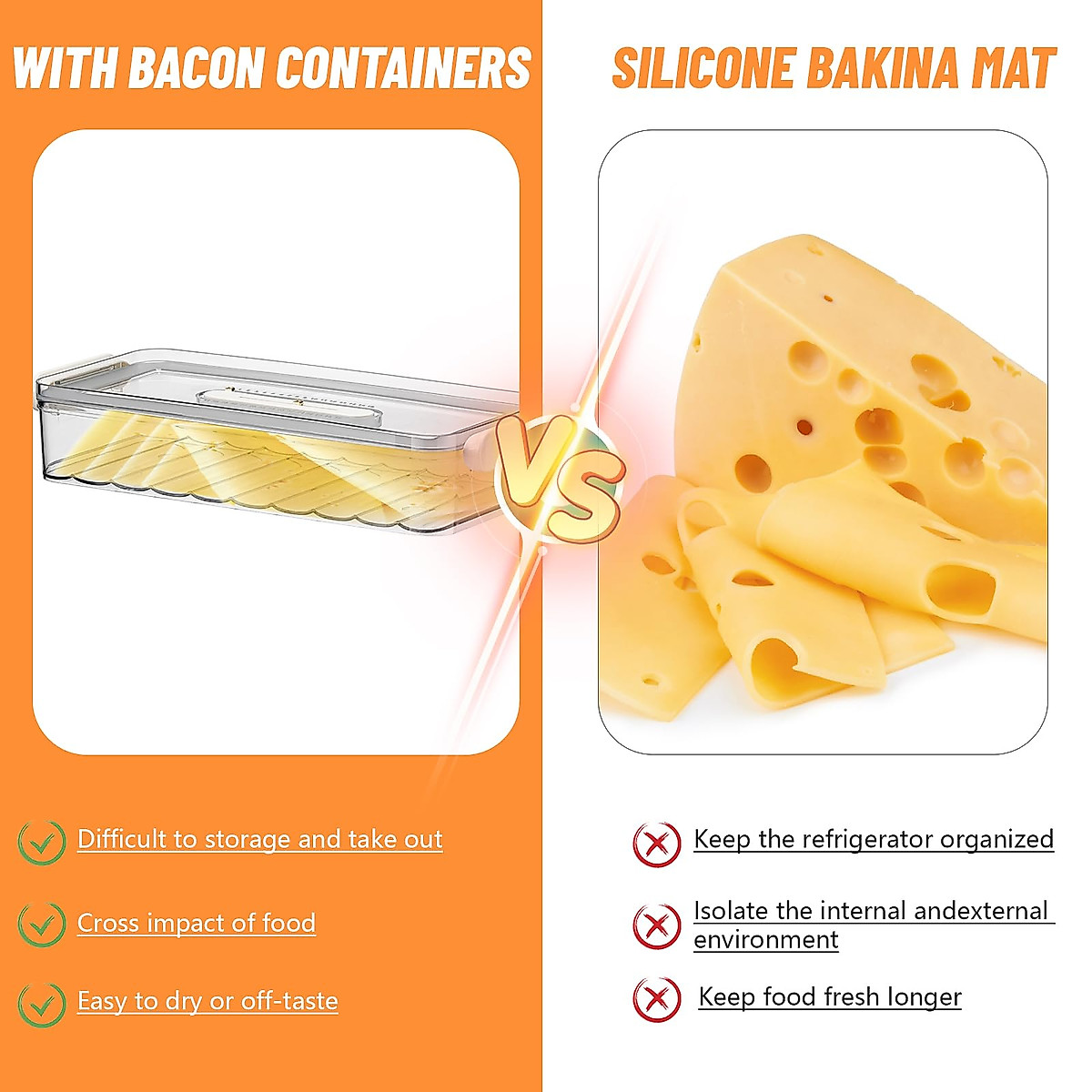 Bacon Container for Refrigerator, Airtight Thick Plastic Deli Meat Storage Containers for Fridge, Cheese Container for Fridge with Serving Tongs, Lunch Meat Container with Lids, Kitchen Food Storage