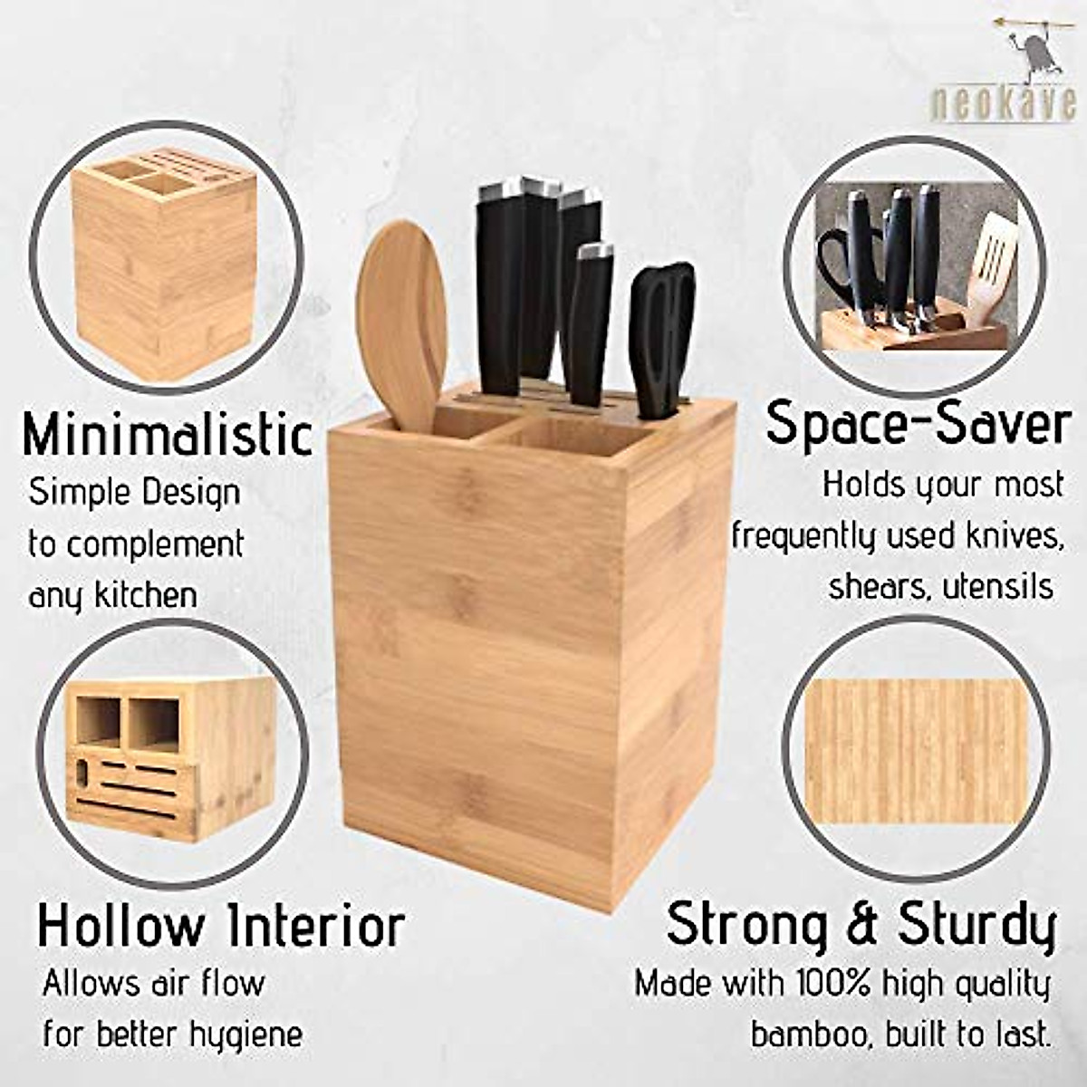 NEOKAVE Small Knife Block Holder- Bamboo Knife Utensil holder - Compact Knife Storage Organizer - Scissors, Utensil, Cleaver, Knife holder without knives for Kitchen Counter - for max 7" Blades