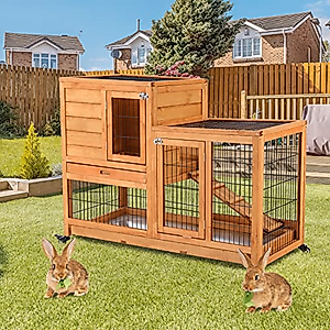 Arlopu Rabbit Hutch on Wheels Rabbit Cage Indoor Bunny Hutch with Run, Wooden Rabbit House with 2 No Leak Trays, 4 Casters, No-Slip Ramp, 2 Lockable Door (Golden red)