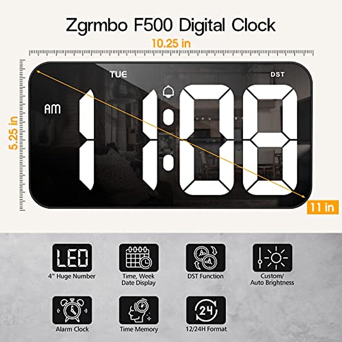 Zgrmbo Plug-in LED Digital Wall Clock with DST, Week and 4" Huge Clear Digits, 12/24H Format, Auto-Dimming, Battery Backup, Silent Wall Clock for Farmhouse, Living Room, Bedroom, Classroom, Office