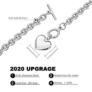 W/W Lifetime Heart Chain Necklace + Heart Bracelet for Women Hearts Pendant Toggle Charm Jewelry Set Stainless Steel