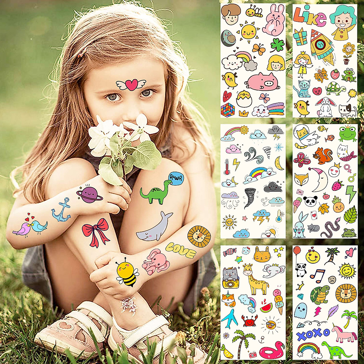 COKTAK 50 Sheets 800+ Patterns 3D Cute Temporary Tattoos For Kids Boys Girls Summer Style Cartoon Unicorn Dinosaur Small Temporary Tattoos Mermaid Animals Party Fake Tattoo Stickers Children Body Face