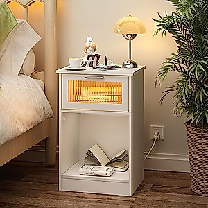 Nightstand with Charging Station and LED Light, Modern Bedside Table, Side End Table with Storage Compartment and Glass Door for Bedroom, Living Room -White