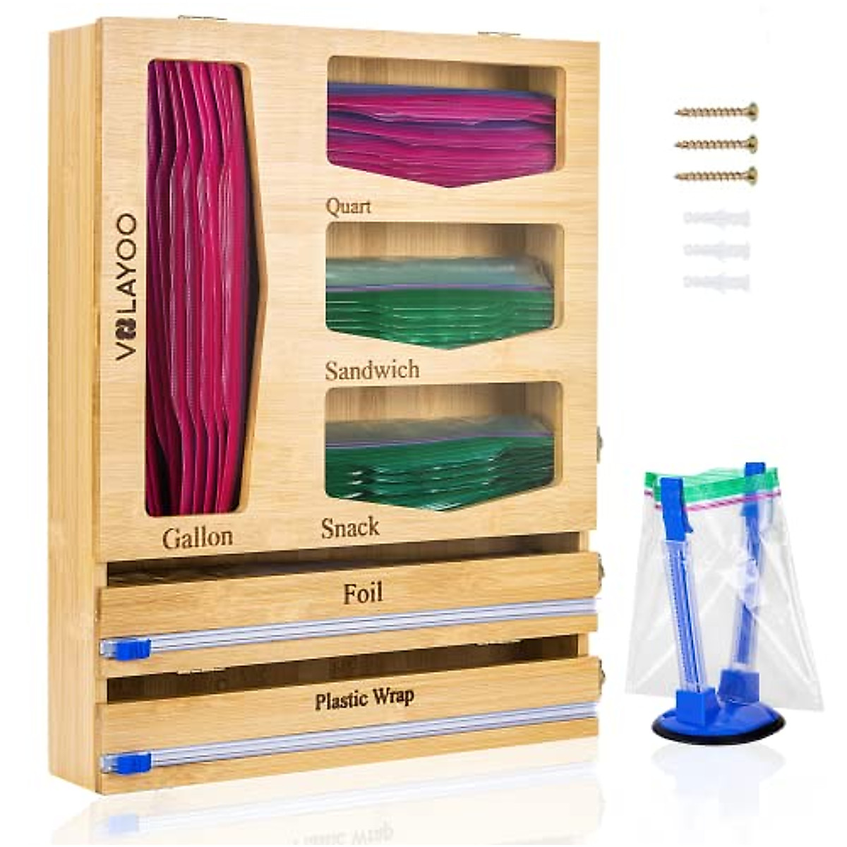 VOLAYOO Drawer organizer for Ziplock Bags and Foil, Organize Your Kitchen Drawer with a Storage Bag Organizer for Ziplock Bags, Foil, Plastic Wrap, 7 in 1 Zip Lock Bamboo Bag organizer for Brawer & Bandwich Bag Holder