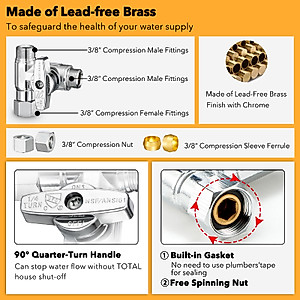3/8" Brass Compression Angle Stop Valve, Water Line Splitter Connector Tee for Dishwasher, Commercial Sink Faucet, and Water Supply Line