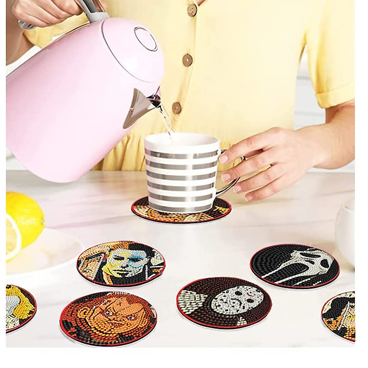 ICECHEN 8 Pcs Diamond Paintings Coasters Kits with Holder, DIY Halloween Coaster Diamond Art Kits,Full Drill Rhinestone Painting Kits for Adults & Kids,Beginners Art Craft Supplies