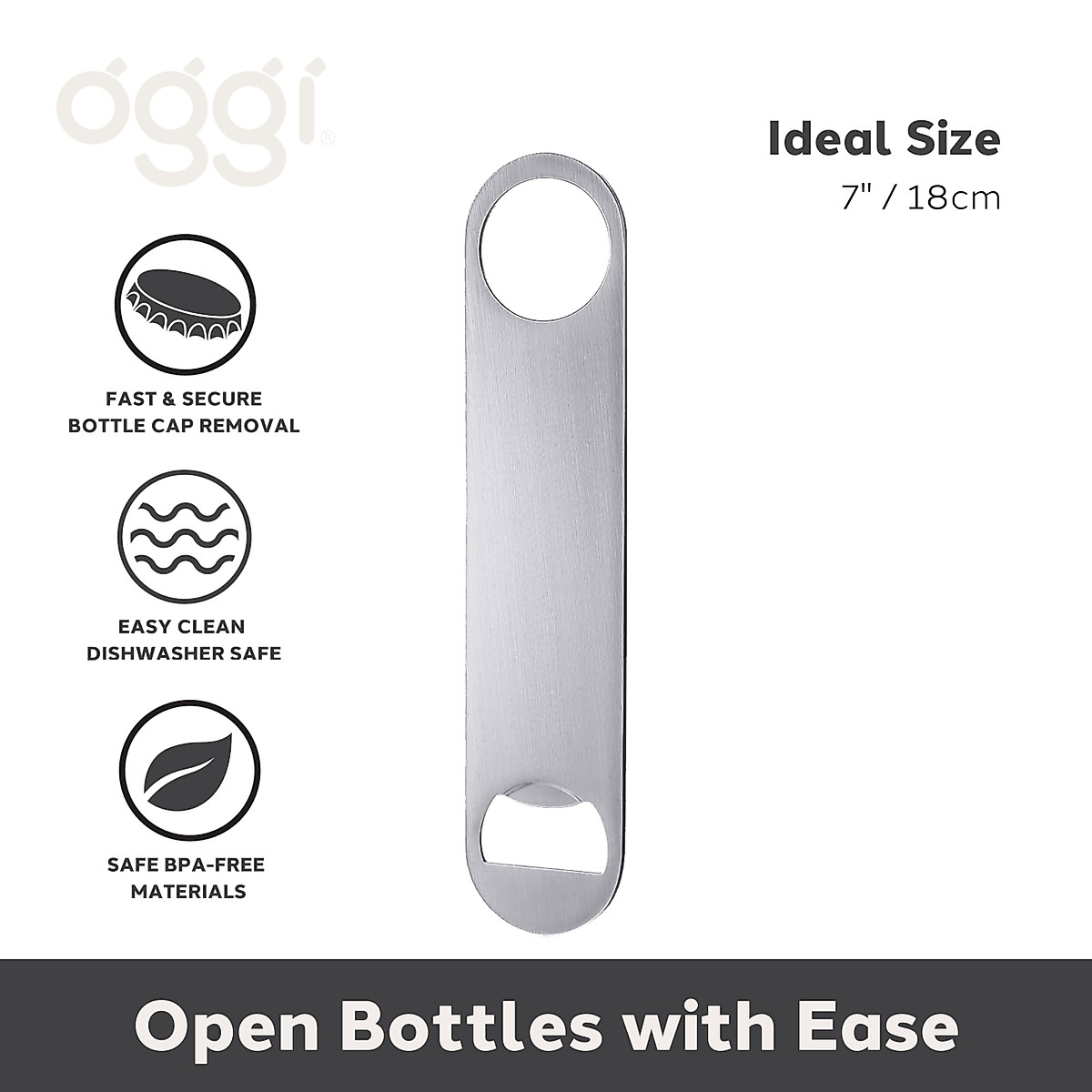 OGGI Bar Blade Bottle Opener Stainless Steel, Bartender Bottle Opener, Solid Bottle Cap Opener, Heavy Duty Beer Opener, 7" / 18cm