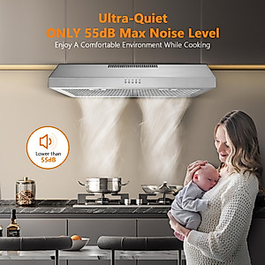 Upgraded 600 CFM Range Hood 30 inch, Under Cabinet Range Hood for Duct/Ductless Convertible, Stainless Steel Kitchen Stove Vent with 3 Speed Kitchen Exhaust Fan and Two Bright Energy-Saving LED