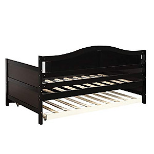 Lepfun Twin Size Wooden Daybed with Trundle, No Box Spring Needed Sofa Bed w/Slats Support, Classic and Simple Platform Bedframe for Bedroom, Living Room, Space Saving Furniture, Espresso
