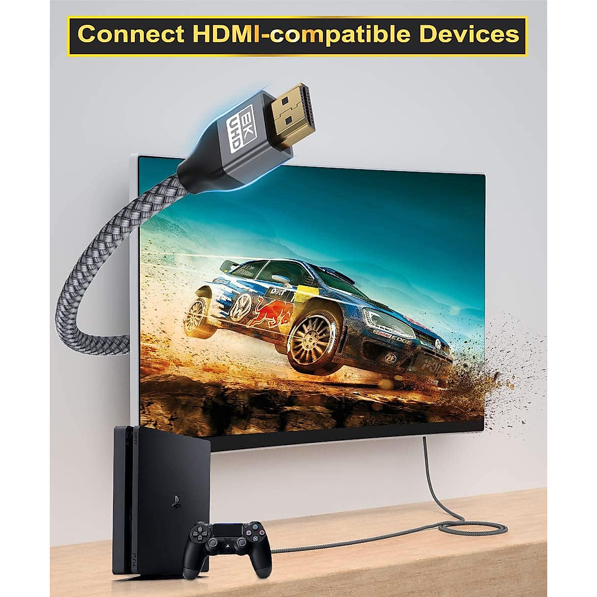 Basesailor 8K 60Hz HDMI Cable 10FT 2 Pack,48Gbps 7680P Ultra High Speed Cord for Apple TV,Roku,Samsung QLED,2.0 2.1,Sony Playstation,PS5,6FT,Xbox One Series X,eARC HDR HDCP 2.2 2.3,4K 120Hz 144Hz