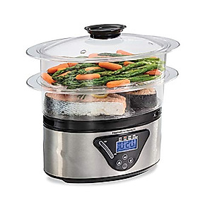 Hamilton Beach Digital Electric Food Steamer & Rice Cooker for Quick, Healthy Cooking for Vegetables and Seafood, Stackable Two-Tier Bowls, 5.5 Quart, Black & Stainless Steel