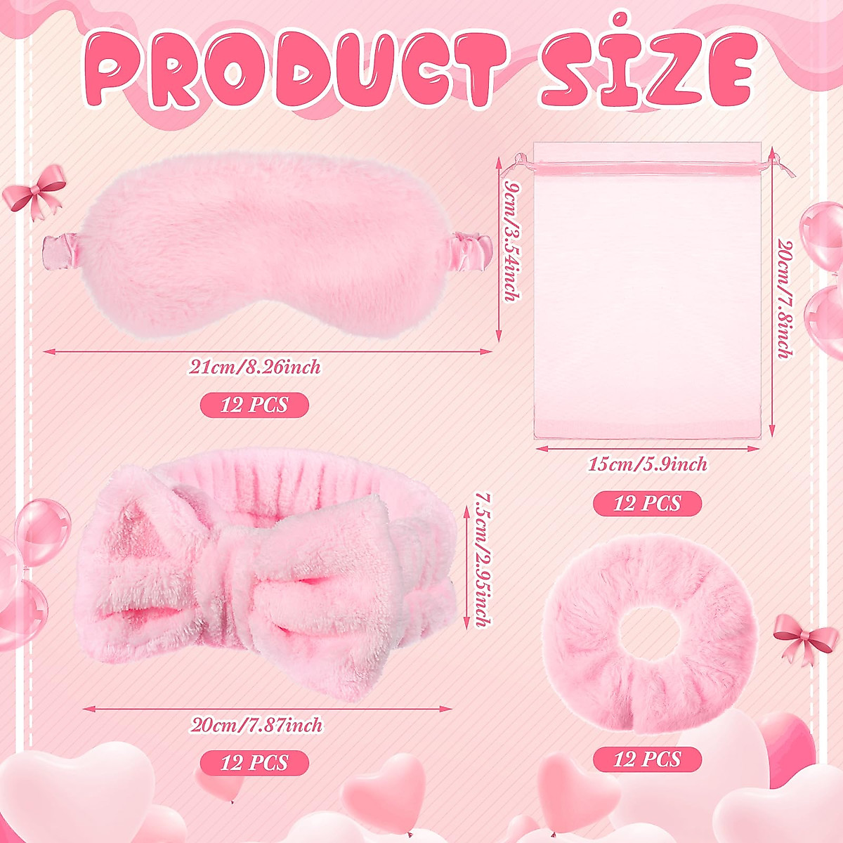 Mimorou 48 Pieces Spa Sleepover Party Supplies 12 Pink Spa Headband 12 Pink Plush Sleep Eye Mask 12 Pink Velvet Scrunchies 12 Organza Bags for Slumber Party Spa Party Favors Gift