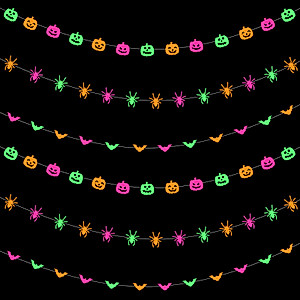Halloween Party Decorations Neon Banner - 3pcs Glow in The Dark Paper Pumpkin Bats Spiders Hanging Swirls Streamers,Window Fireplace Room Ceiling Garland, Baby Shower Birthday Supplies Decor Panduola