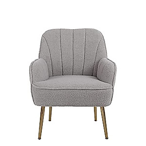 Goujxcy Teddy Barrel Chair Accent Armchair with Golden Legs for Living Room Bedroom Home Office, Tufted Back Club Chair (Grey2)