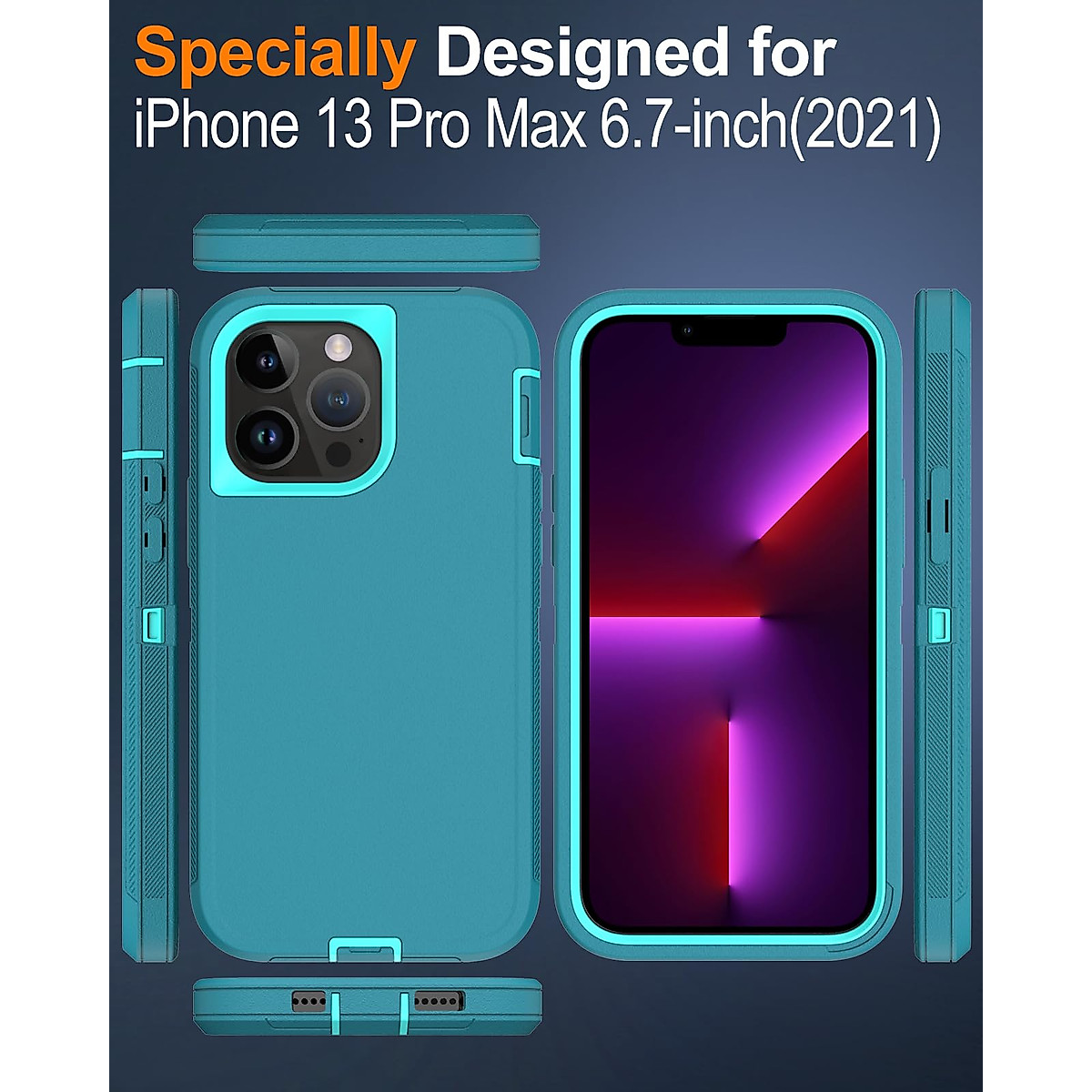Aliruke for iPhone 13 Pro Max Case, with Screen Protector, Dust-Proof Port Cover, Full-Body Non-Slip Silicone Rubber Covered, Military Grade Drop-Proof Shockproof Phone Case, Mint/Teal