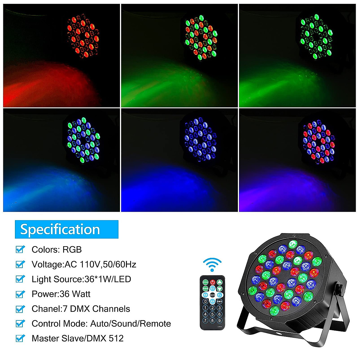Litake 36 LED Stage Lights,Sound Activated DJ Par Stage Uplights Packages,RGB DJ Party Lights Remote & DMX Controlled, DJ Uplighting for Events Festival Party Church Concert,2 Packs