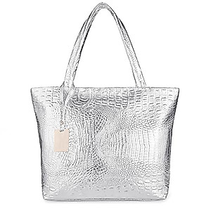 SUMGOGO Purse and Handbag for Women Crocodile Satchel Large Shoulder Tote Bag Wallets (Silver)
