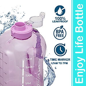 Life Bottle 1 Gallon Water Bottle with Straw Lid and Chug Lid, Leakproof Water Jug. Big Water Bottle with Time Marker, No Quotes. 128 oz with Handle and Straw, BPA Free